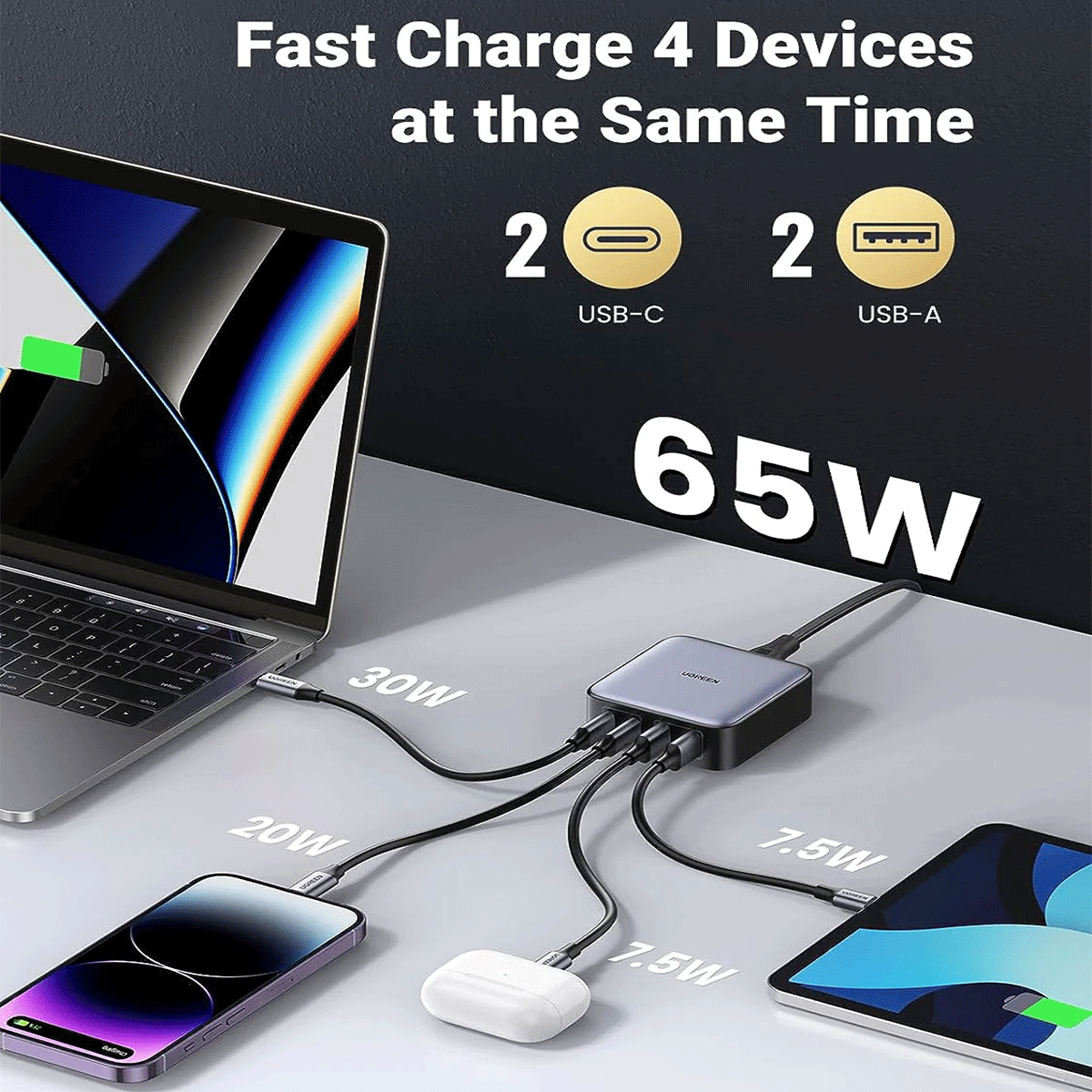 UGREEN Nexode 65w USB-C GAN Fast Desktop Charger (Black) [CD327/90735] - GameXtremePH