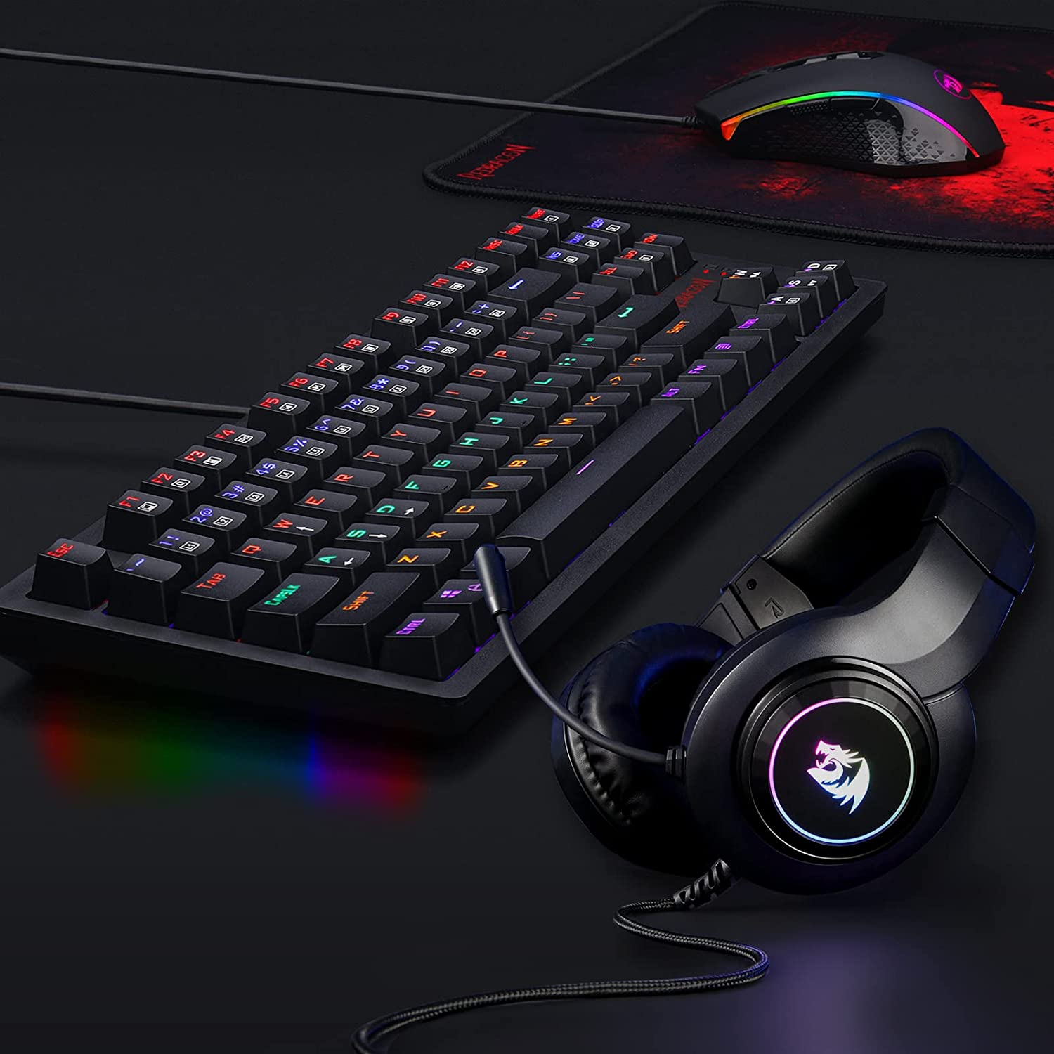 Redragon S113P-KN Keyboard/Mouse/Mousepad/Headset 4-In-1 Set Gaming Es ...